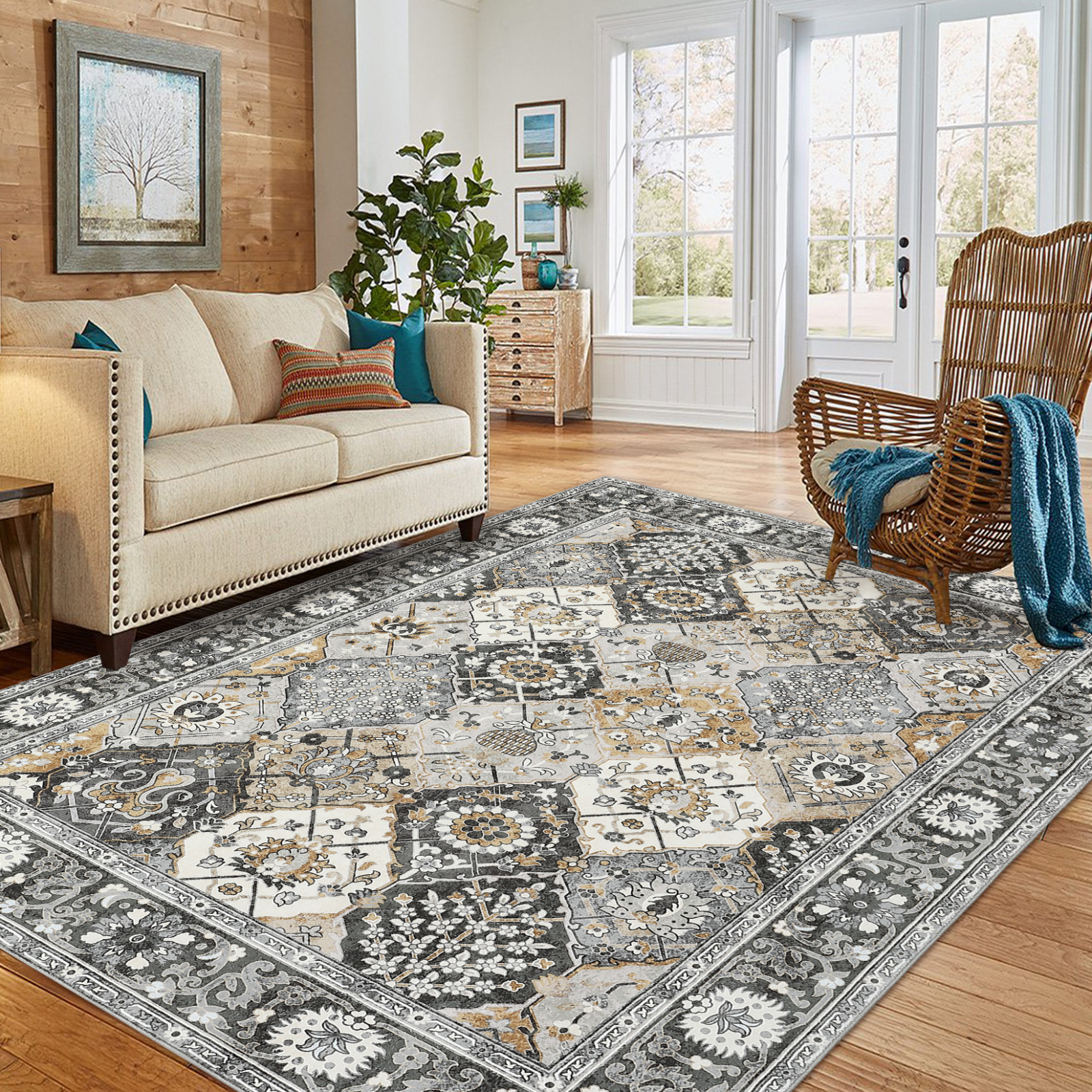 Vintage Moroccan Floral Print Area Rugs,Non Slip Indoor Floor Mat for ...