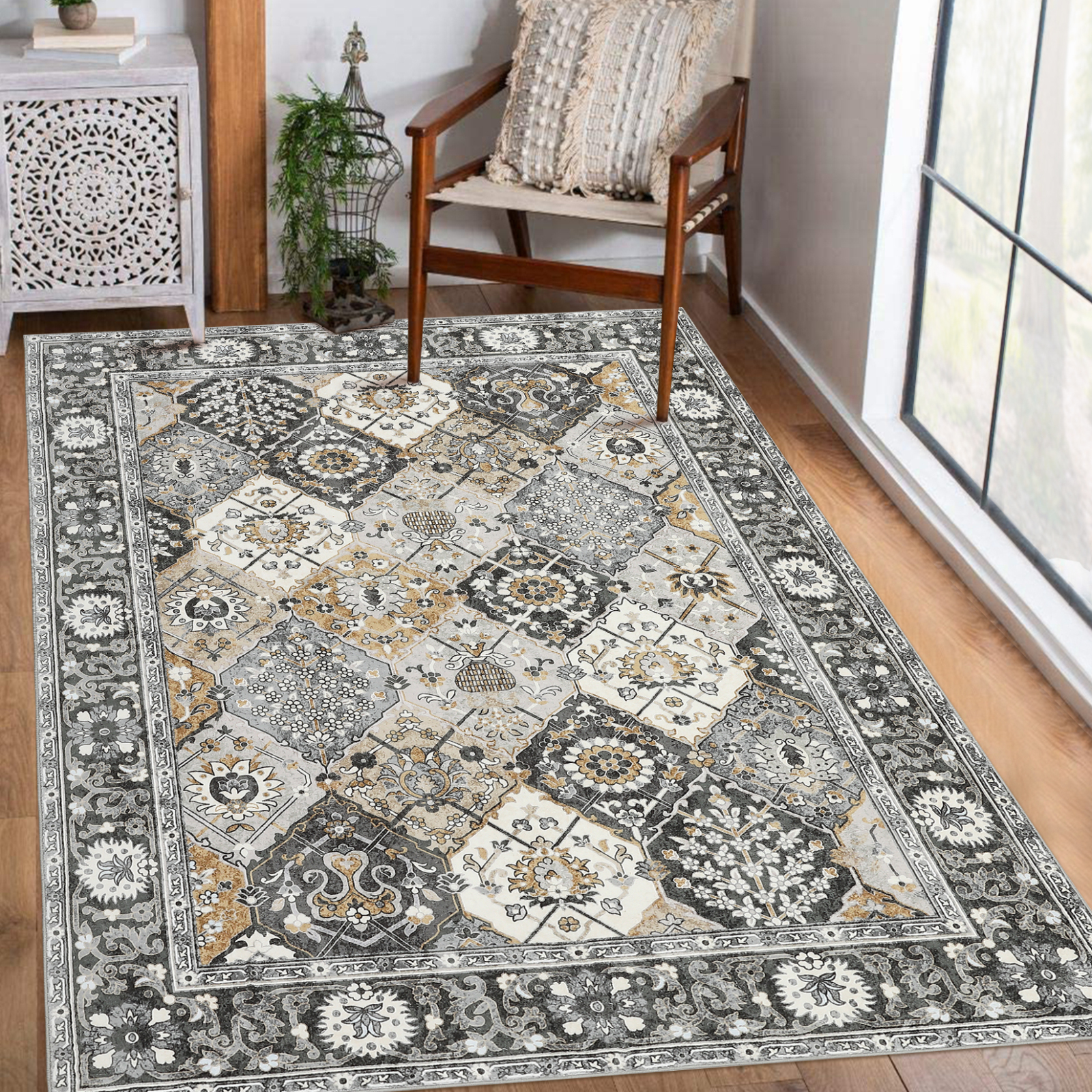 Vintage Moroccan Floral Print Area Rugs,Non Slip Indoor Floor Mat for ...