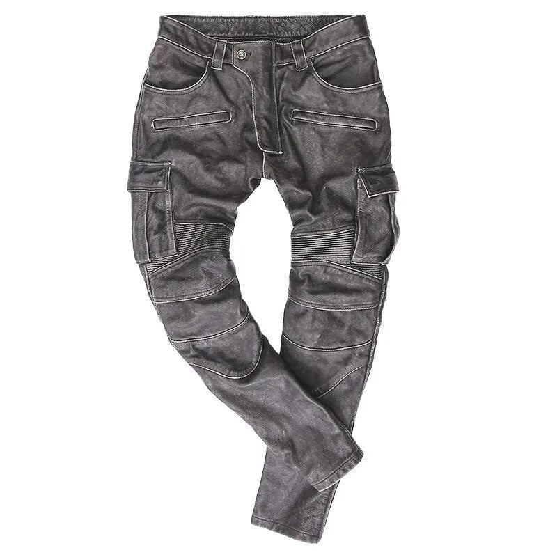 Vintage Moto Biker Genuine Leather Pants Mens Multiple Pockets Cargo ...