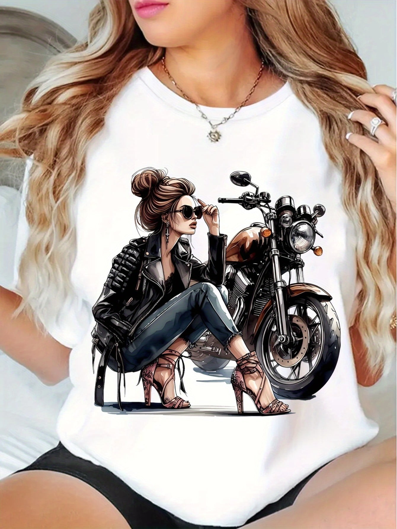 Vintage Motorcycle Graphic T-Shirt for Women - Elegant Summer Tee with ...