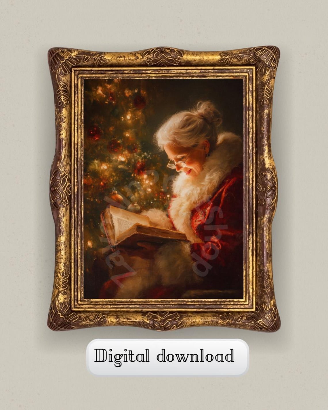 Vintage Mrs. Claus Print, Reading By Tree Home Decor #2254, Unframed ...