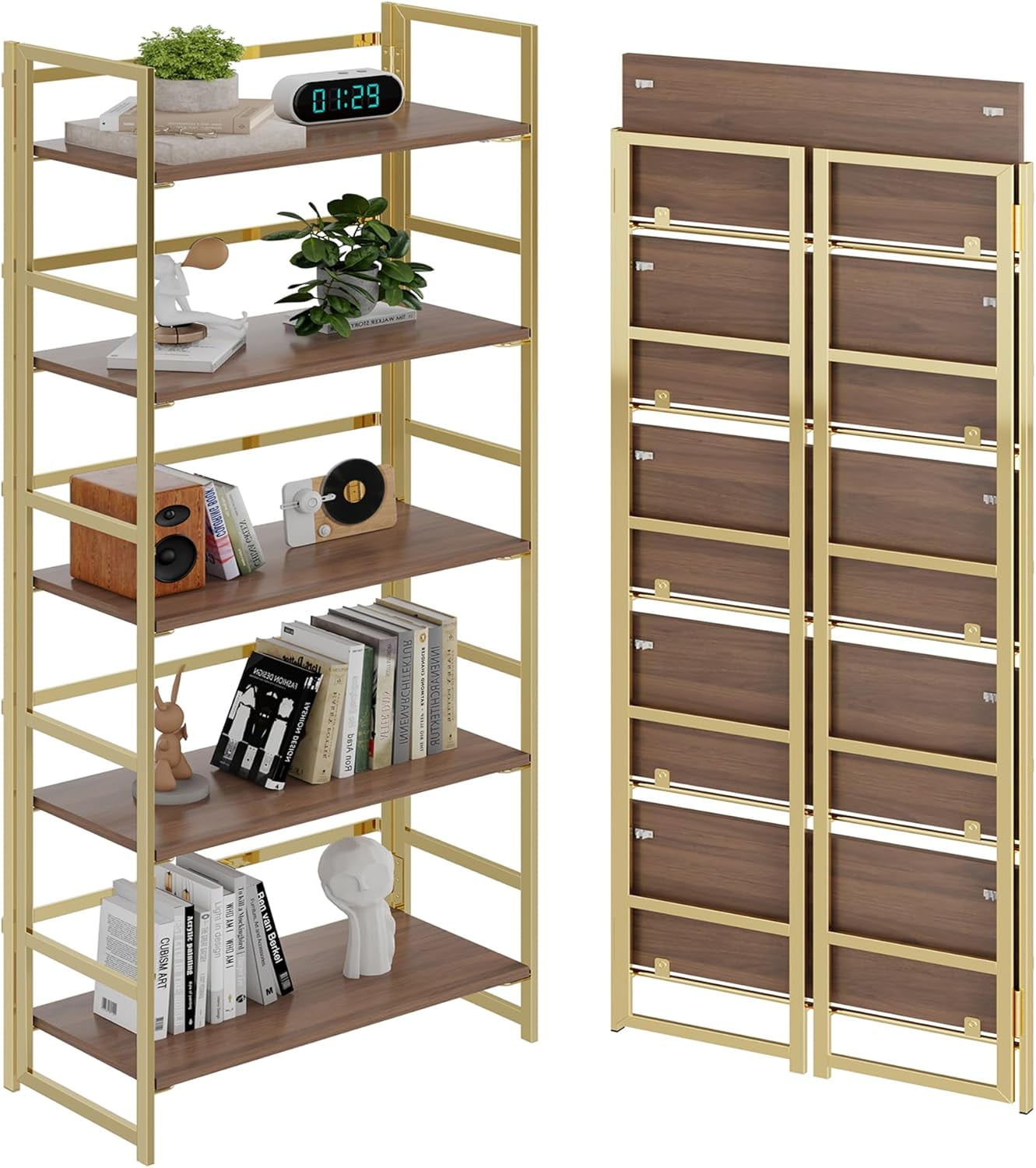 Vintage Multifunctional Folding Bookshelf,5 Tier No-Assembly Plant ...