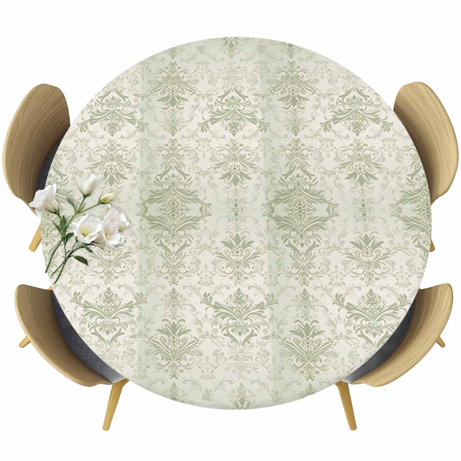 Vintage Mural Round Fitted Tablecloth with Elastic Edge, Green Medieval ...