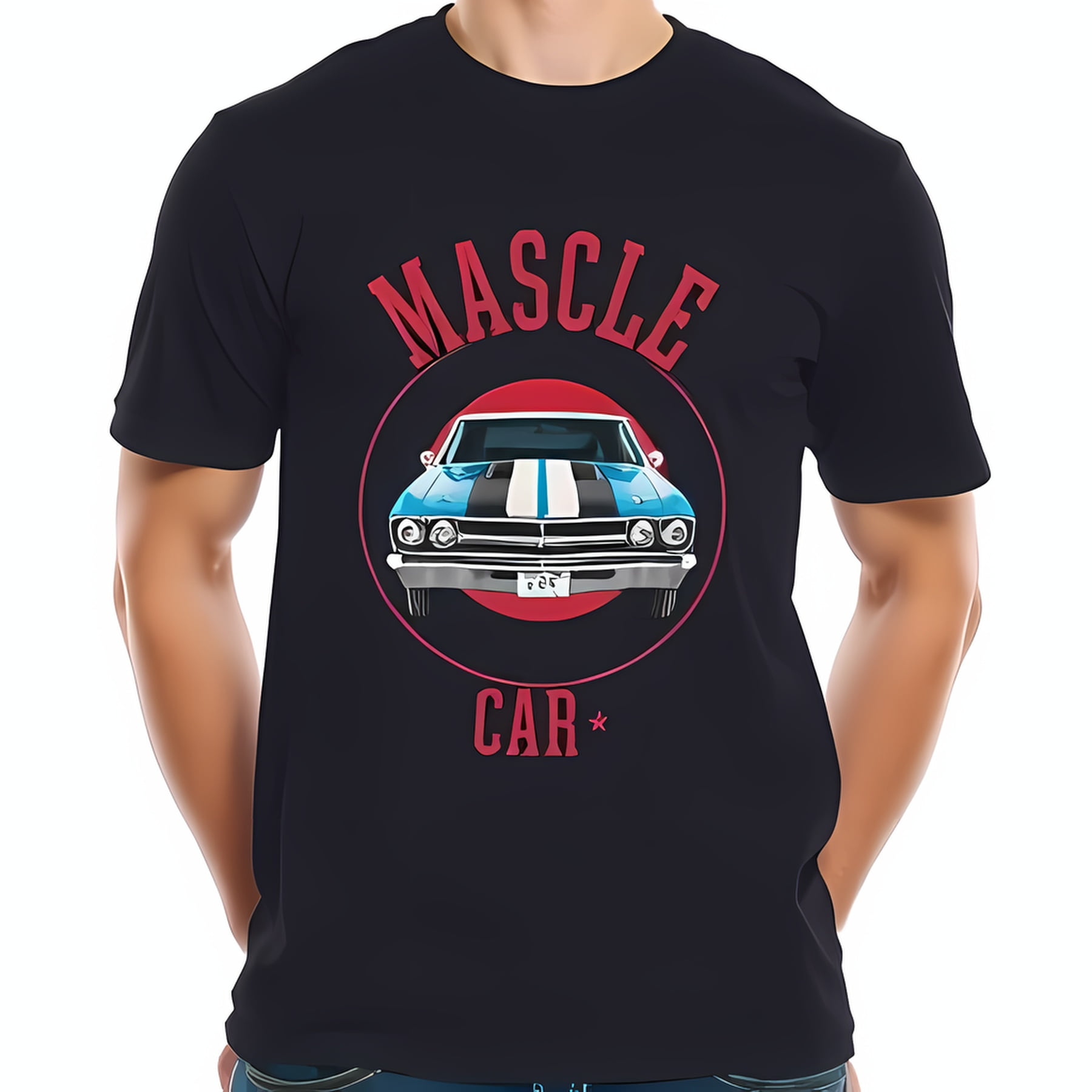 Vintage Muscle Car T-Shirt - Dark Navy Blue with Light Blue Classic Car ...