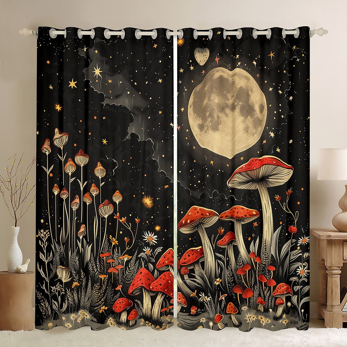 Vintage Mushroom Curtains Drapes,Moon and Stars Galaxy Curtains Bedroom ...