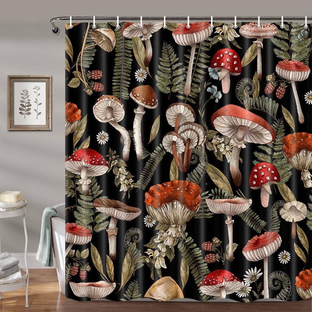 Vintage Mushroom Shower Curtain Retro Forest Nature Wild Plant Bathroom Decor with Aesthetic ...