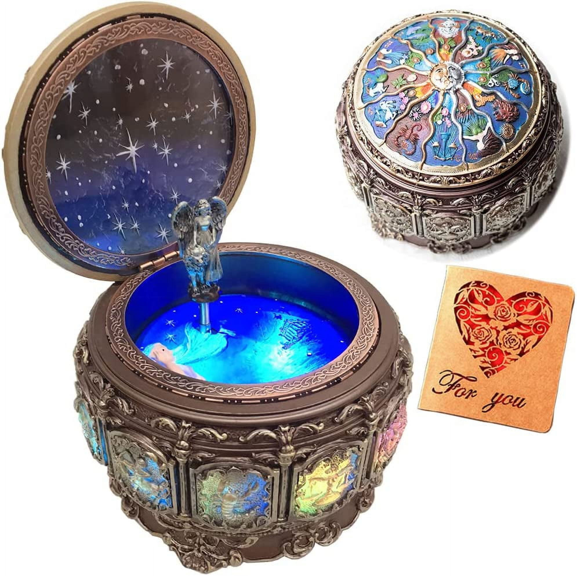 Vintage Music Box with Constellations Rotating Goddess LED Lights Twinkling Resin Carved ...