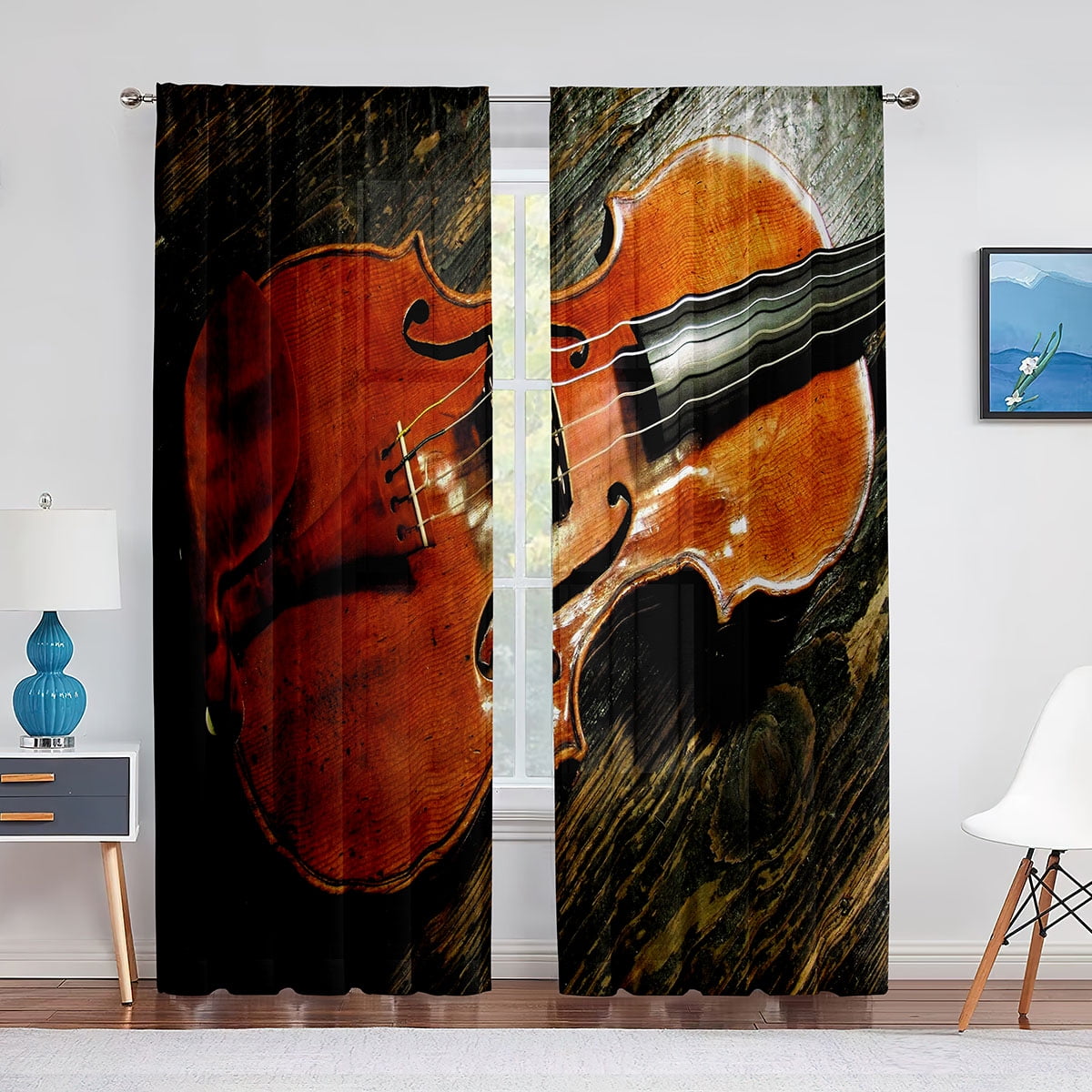 Vintage Musical Notes Violin Sheer Voile Curtains for Living Room ...