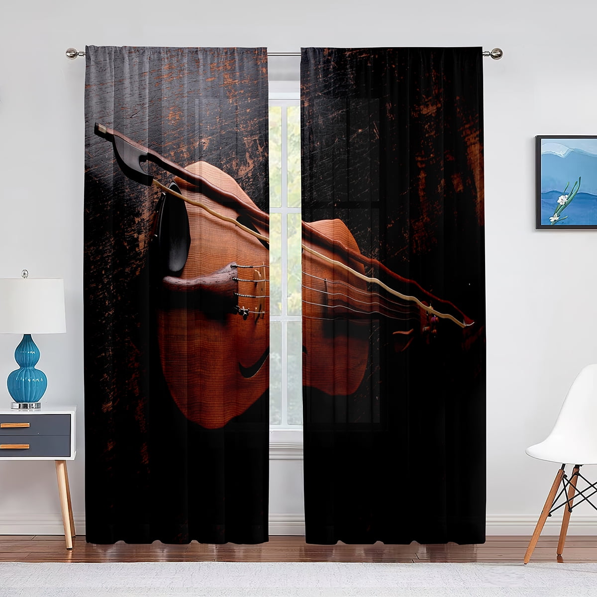 Vintage Musical Notes Violin Sheer Voile Curtains for Living Room ...