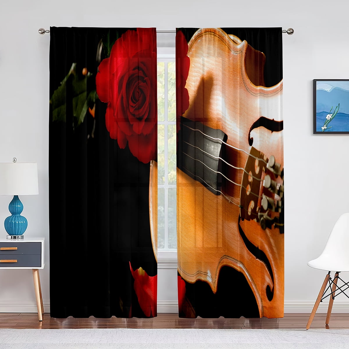 Vintage Musical Notes Violin Sheer Voile Curtains for Living Room ...
