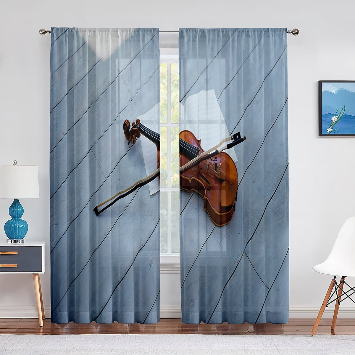 Vintage Musical Notes Violin Sheer Voile Curtains for Living Room ...