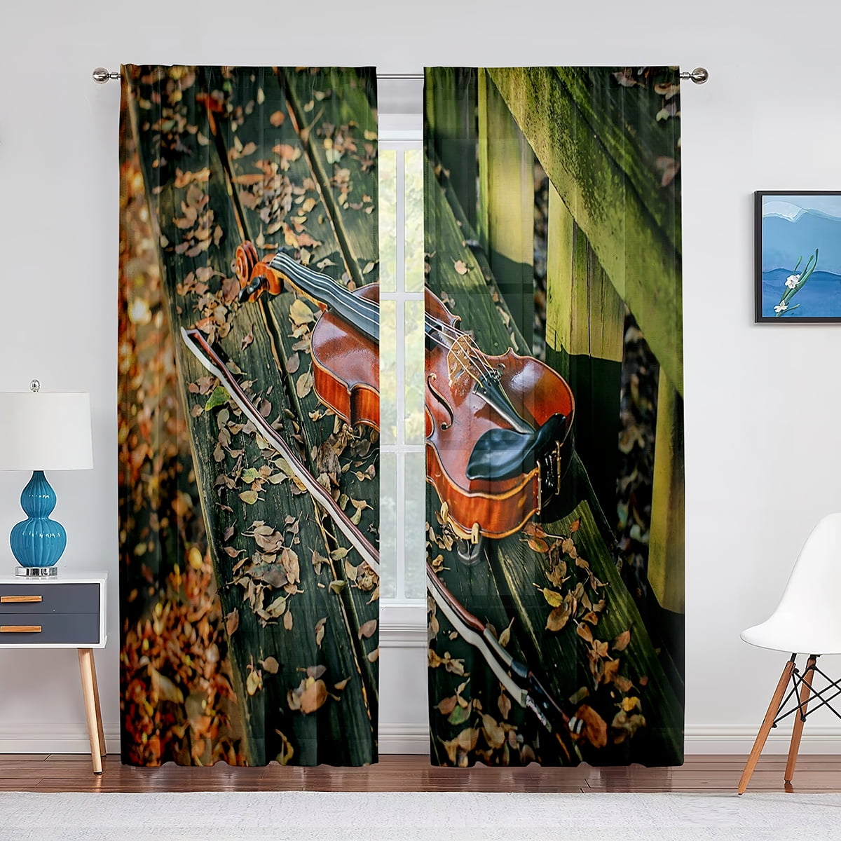 Vintage Musical Notes Violin Sheer Voile Curtains for Living Room ...