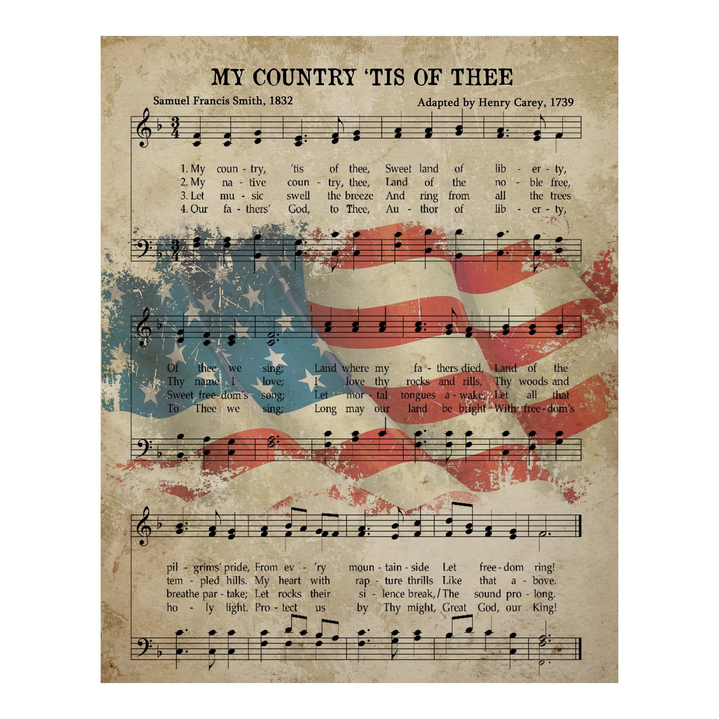 Vintage 'My Country 'Tis of Thee' American Flag Wall Art Print ...
