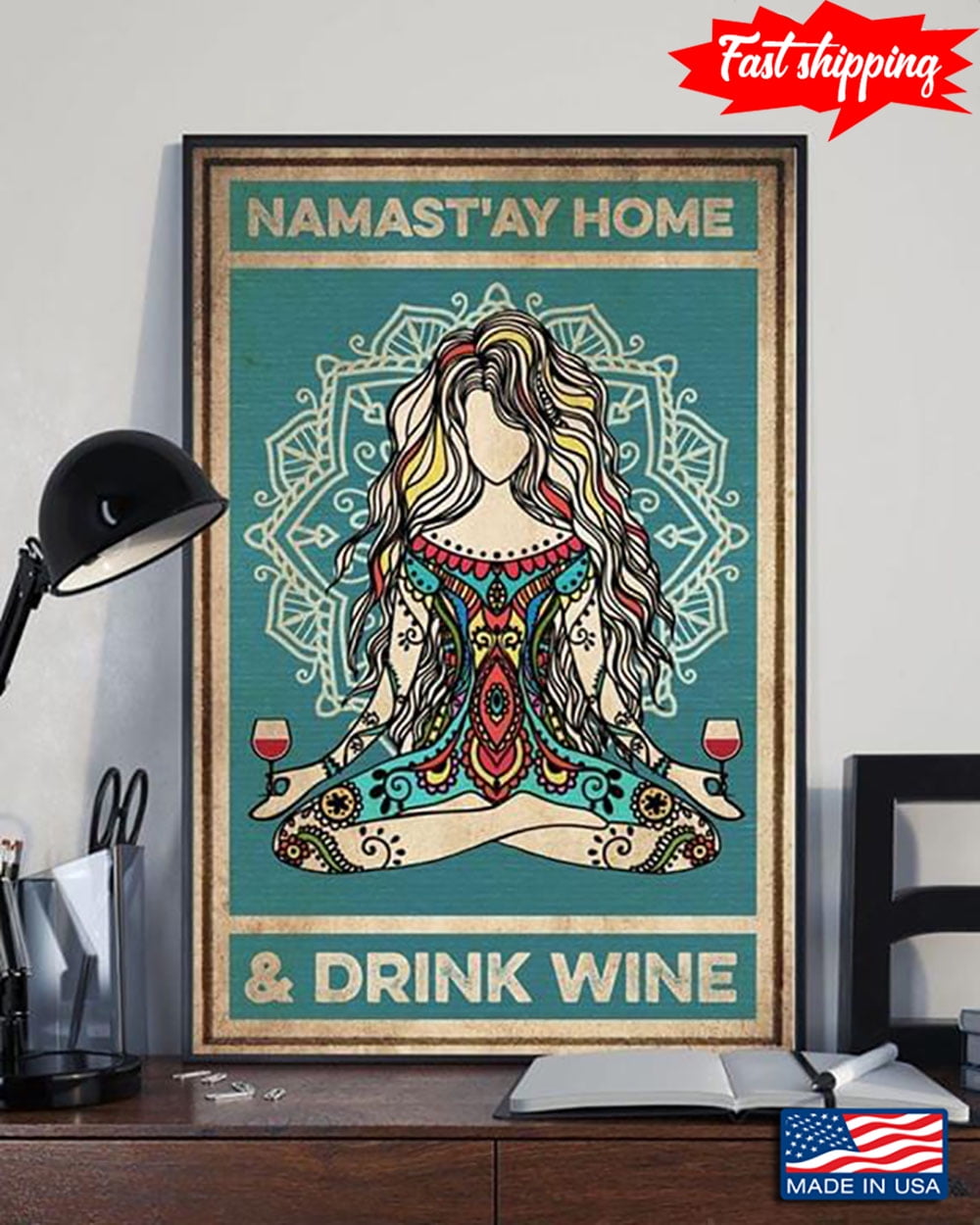 Vintage Namaste Girl Doing Yoga Namast'ay Home & Drink Wine 16 x 24 ...