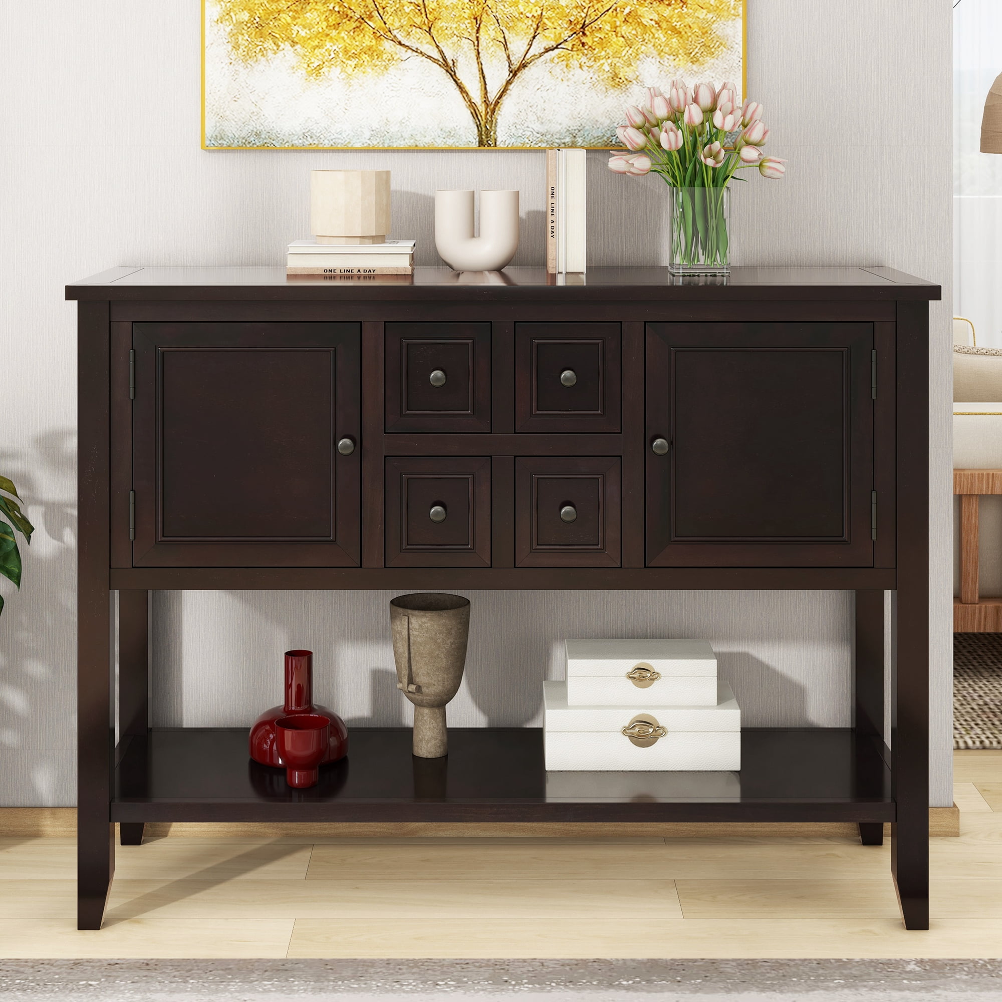 Vintage Narrow Long Pine Wood Console Table with 4 Drawers and 2 Doors ...
