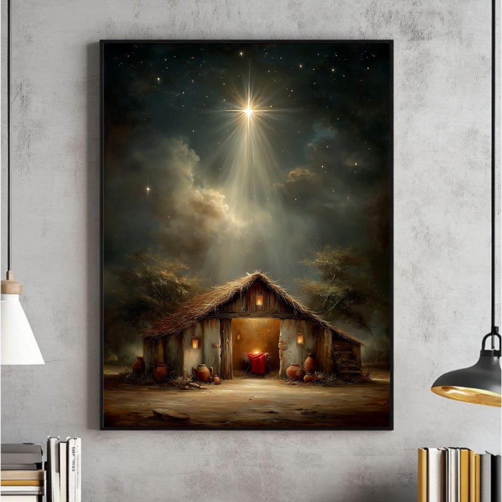 Vintage Nativity Scene Wall Art, Holy Night Star Artwork, Rustic Noel ...