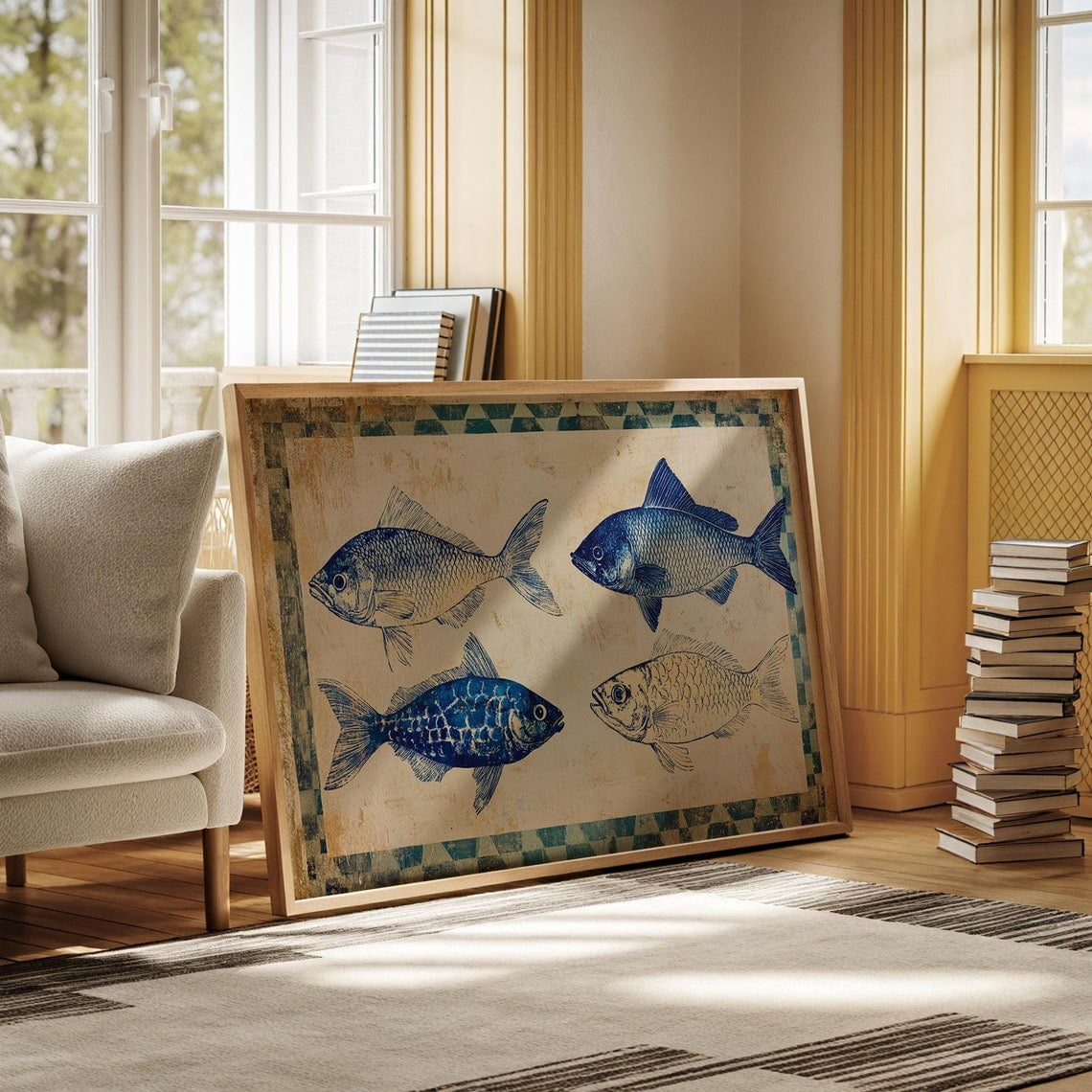 Vintage Nautical Blue Fish Wall Art - Rustic Hangable Ocean Decor For ...