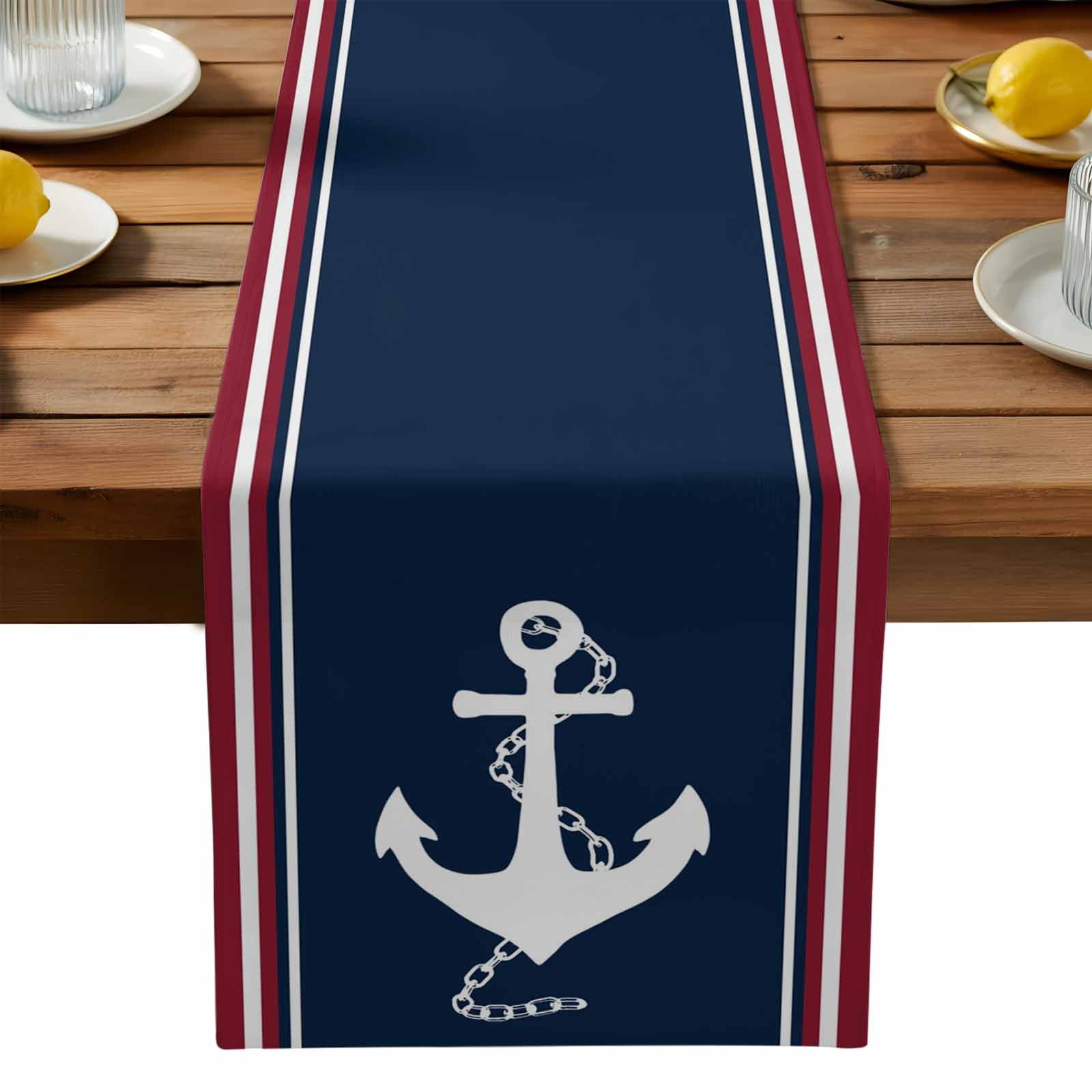 Vintage Nautical Flag Table Runner, Anchor Red White Striped Medieval ...