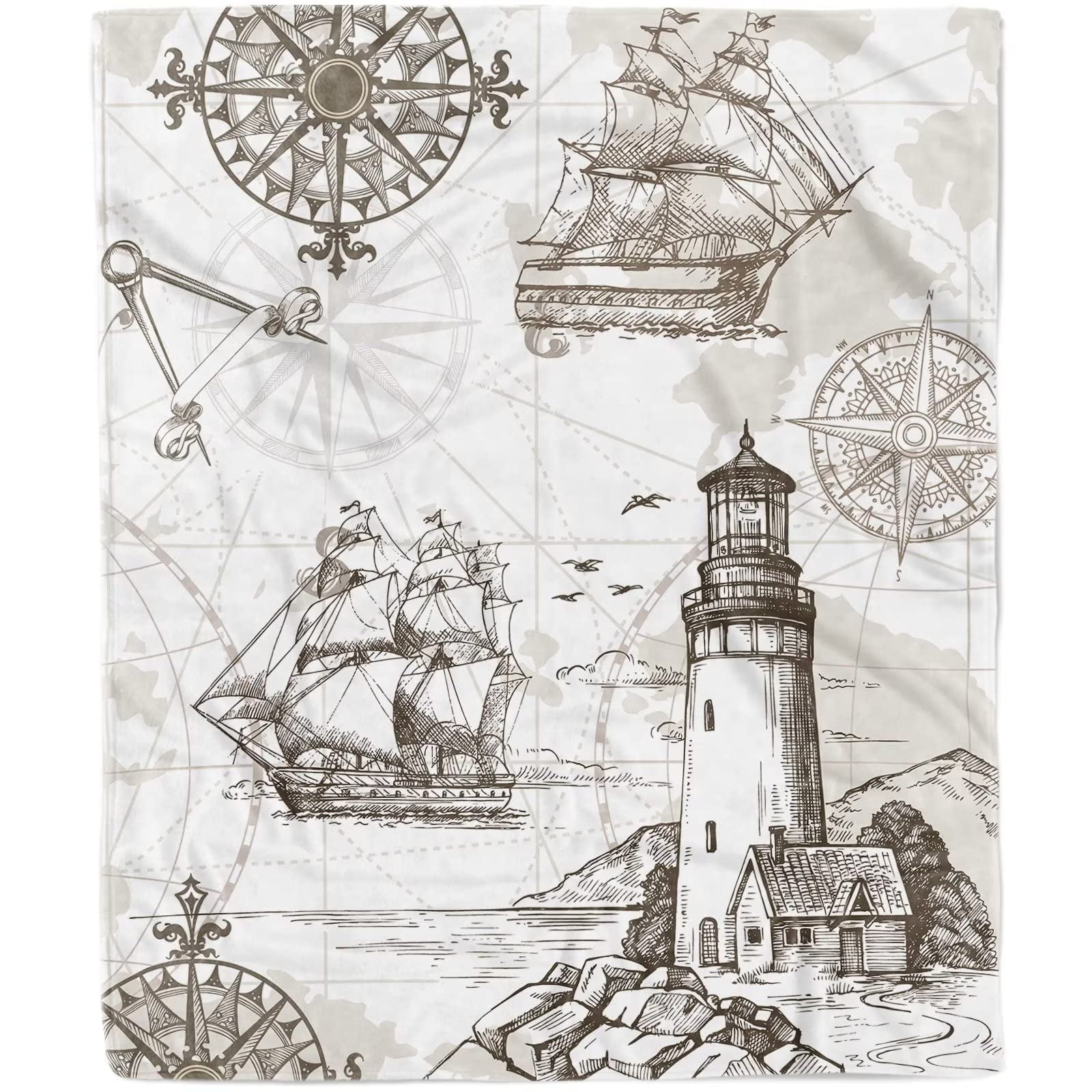 Vintage Nautical Fleece Blanket, Old Sailboat Anchor Blanket Ocean ...