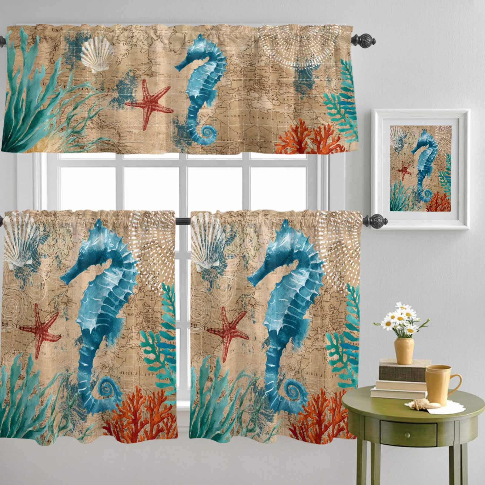 Vintage Nautical Ocean Life Seahorse Starfish Curtain Tier and Valance ...
