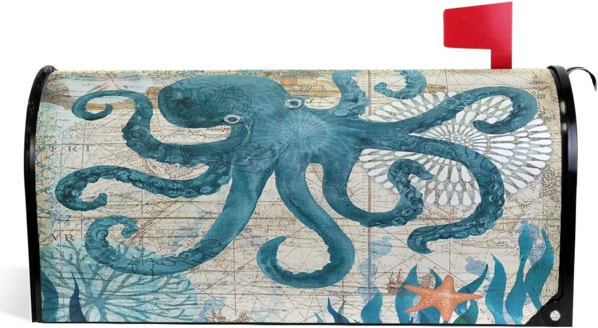 Vintage Nautical Octopus Mailbox Cover Ocean Starfish Old Map Mailbox ...