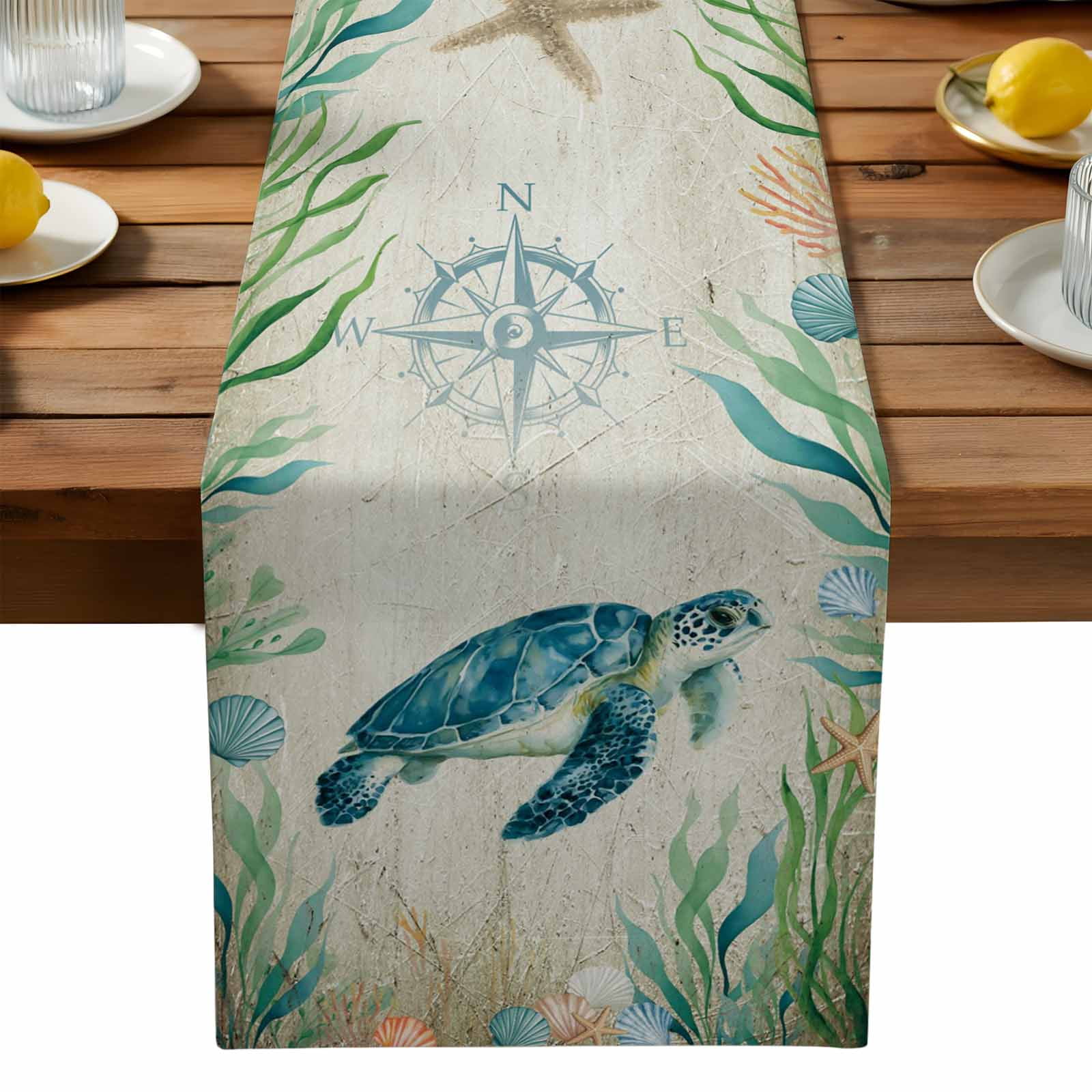 Vintage Nautical Sea Turtle Table Runners 13x90 Inches Long Linen ...