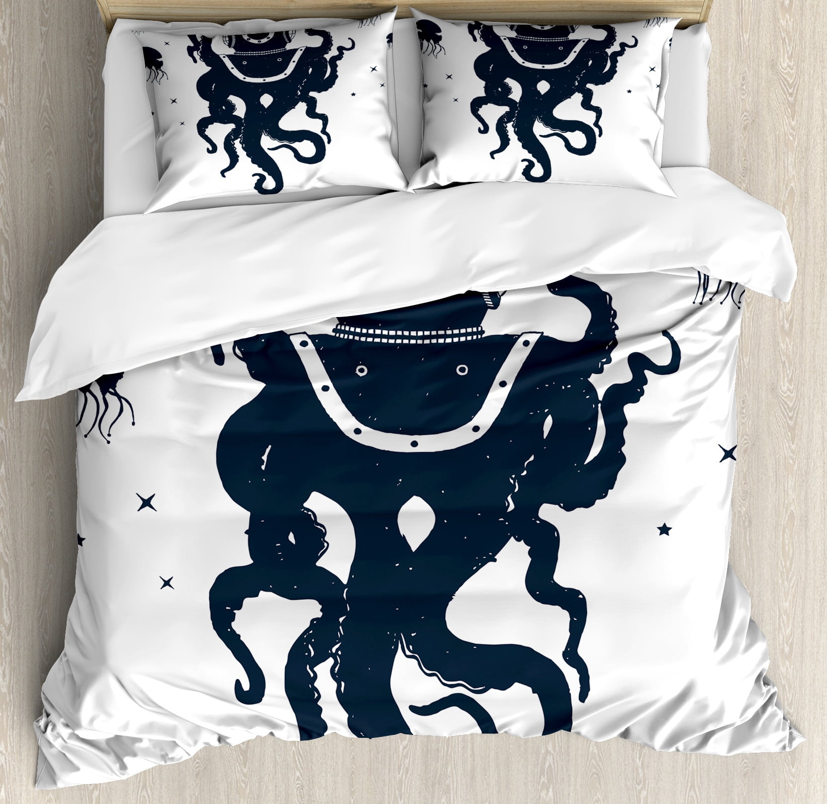 Vintage Nautical Tattoo Duvet Cover Set, Octopus Jellyfish in Astronaut ...