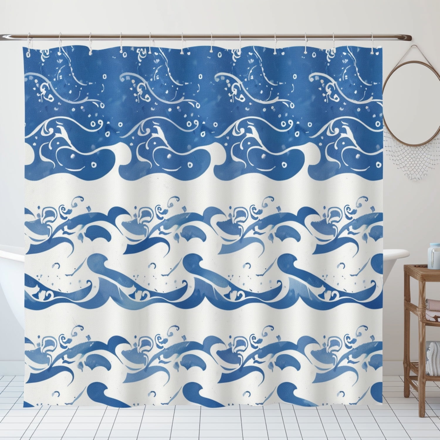 Vintage Nautical Wave Pattern Shower Curtain With Marine Life Theme