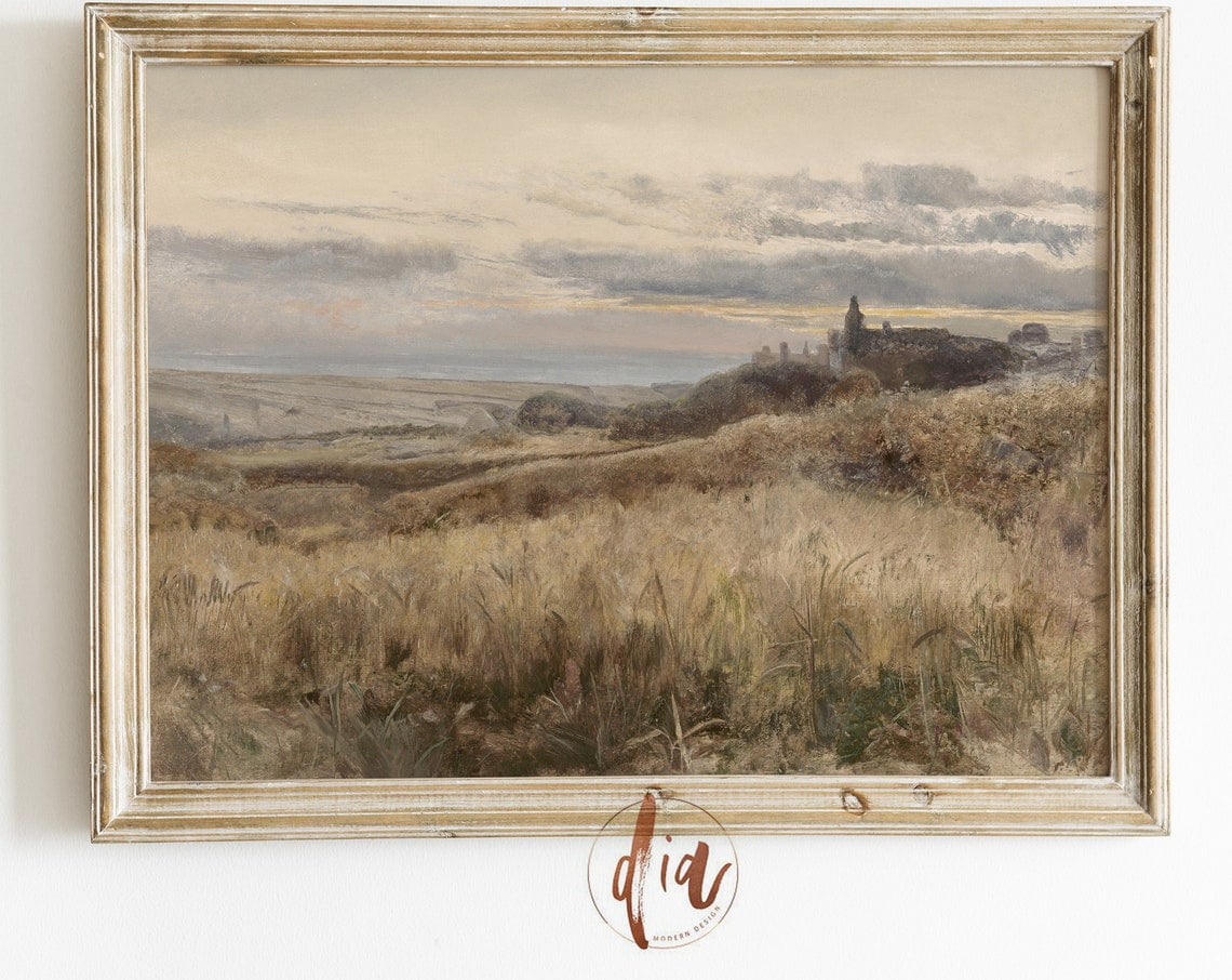 Vintage Neutral Landscape, Muted Filed Painting, Castle On A Hill, Old ...