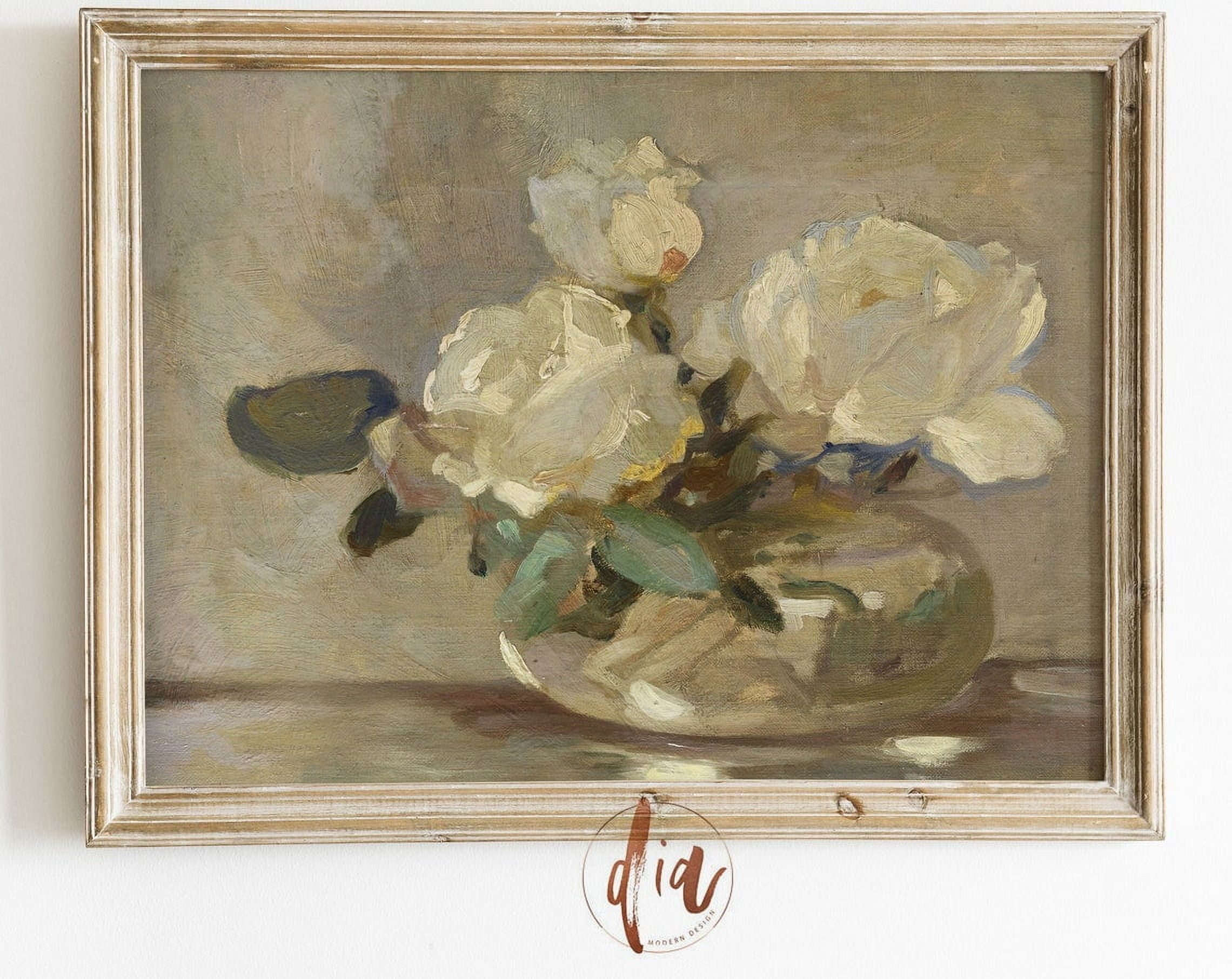 Vintage Neutral Still Life Painting, Muted White Roses Art Print ...