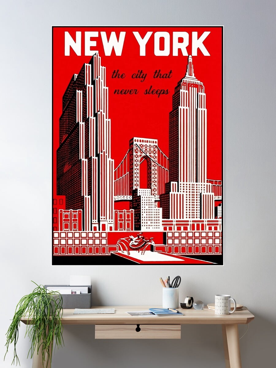 Vintage New York City Skyline Travel Poster Poster Wall Art, Modern ...