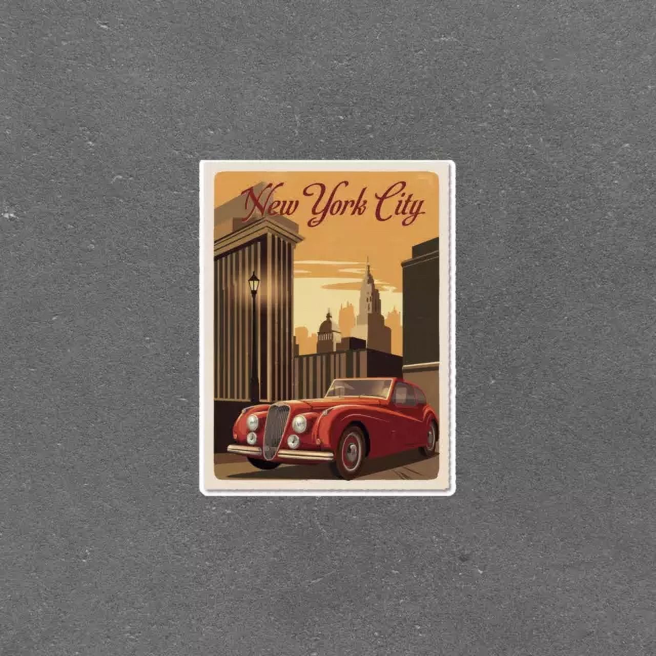 Vintage New York City Travel Sticker - Classic Red Car & Cityscape Art ...