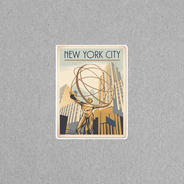 Vintage New York City Travel Sticker - Iconic Atlas Statue Rockefeller ...