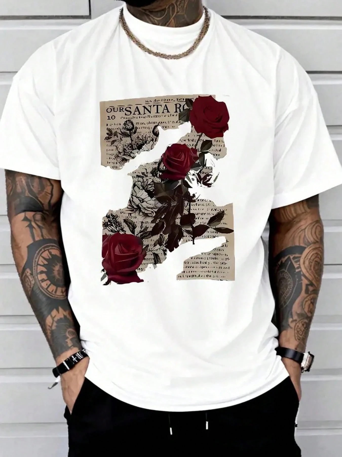 Vintage Newspaper Collage Red Roses Graphic Tee - Walmart.com