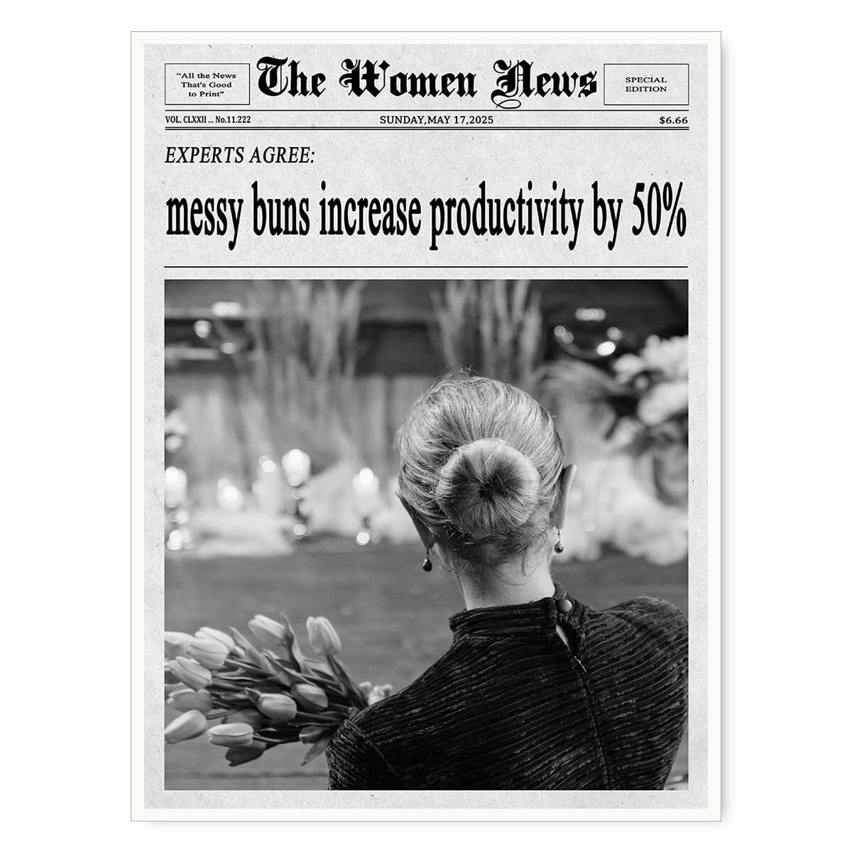 Vintage Newspaper Wall Art Black and White Humor Poster Messy Bun ...