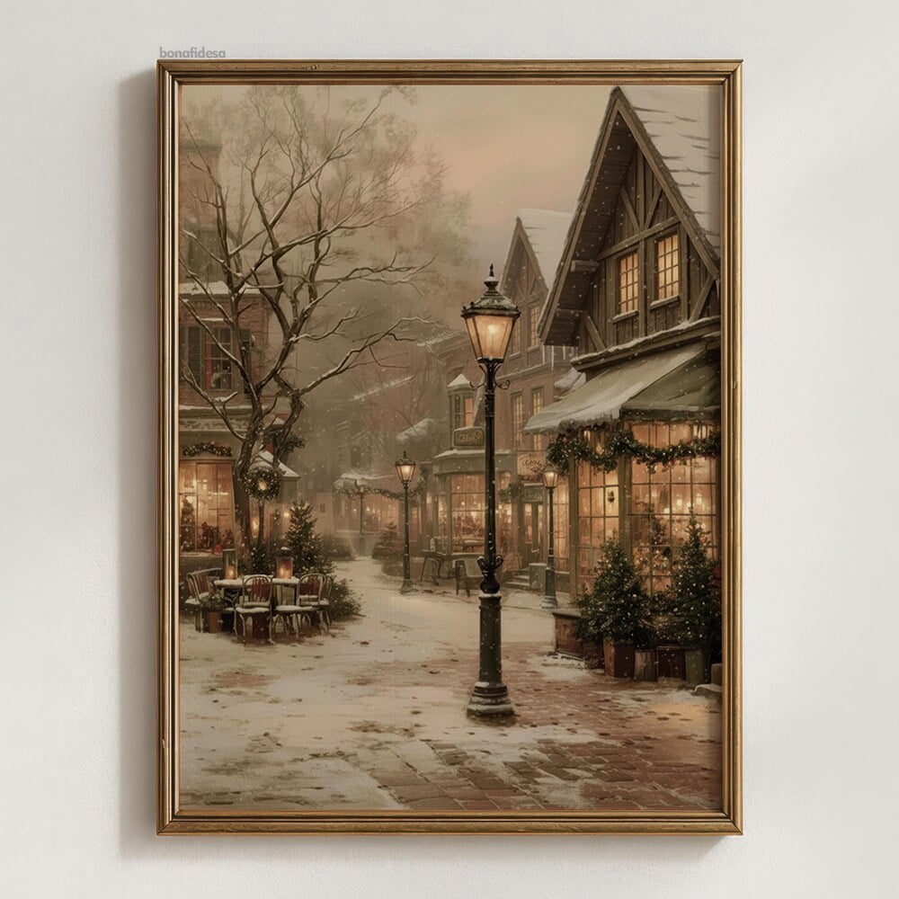 Vintage Noel Street Art Print, Old World Festive Village Painting, Cozy ...