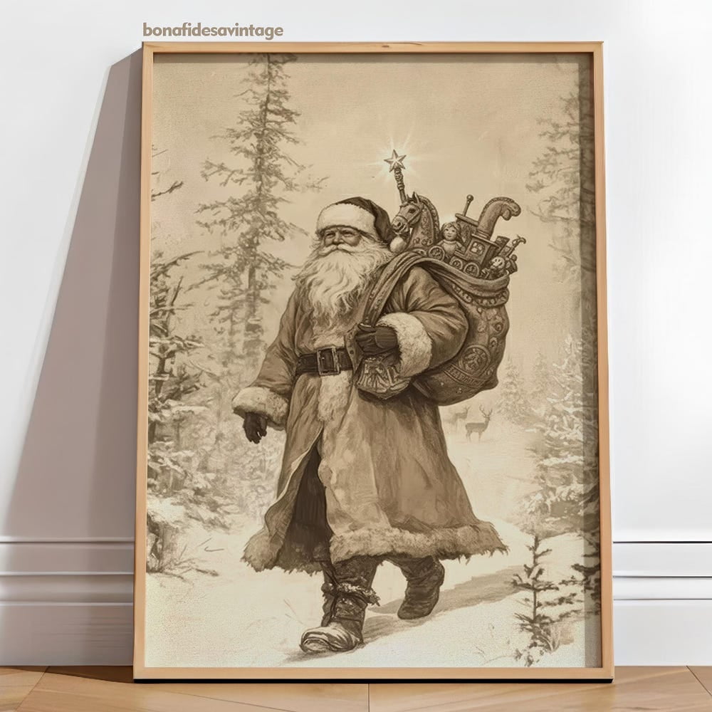 Vintage Noel Wall Art, Neutral Jolly Man And Noel Tree Drawing ...