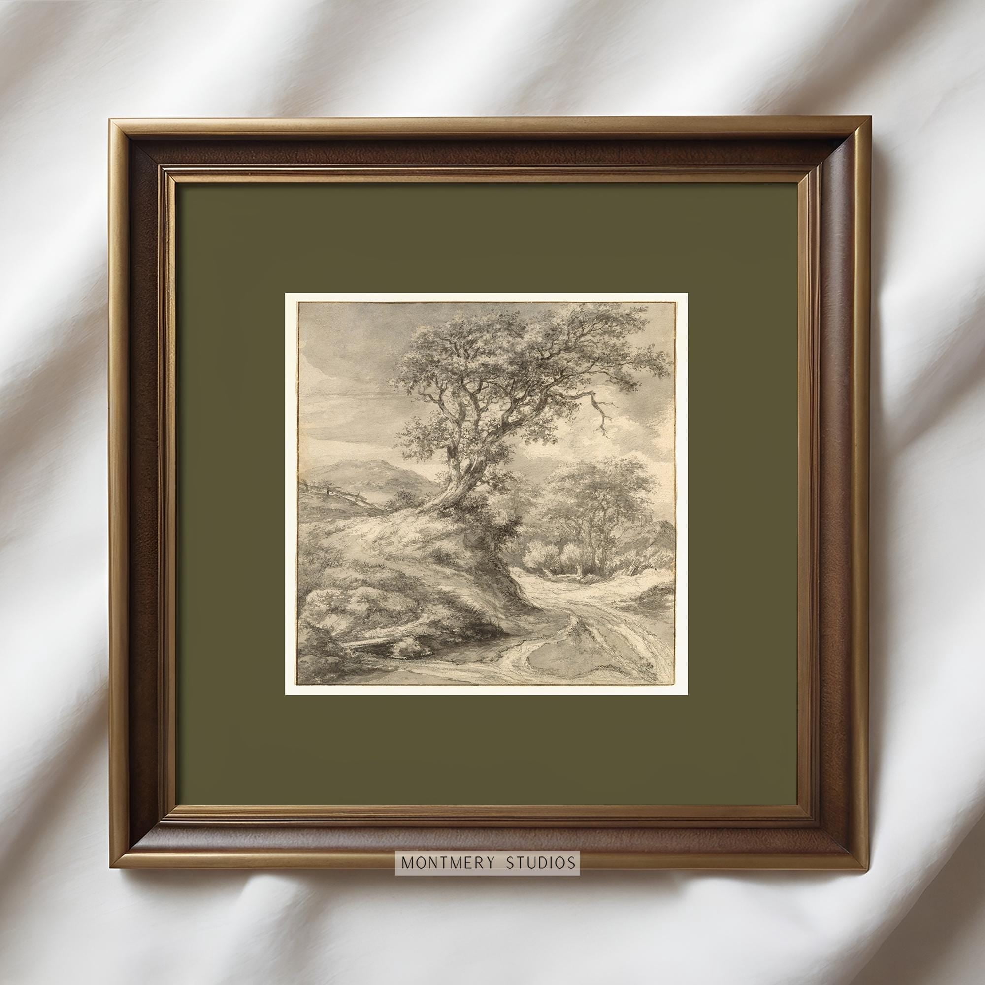 Vintage Oak Tree Landscape Poster Square Sage Green Mat UNFRAMED PAPER ...