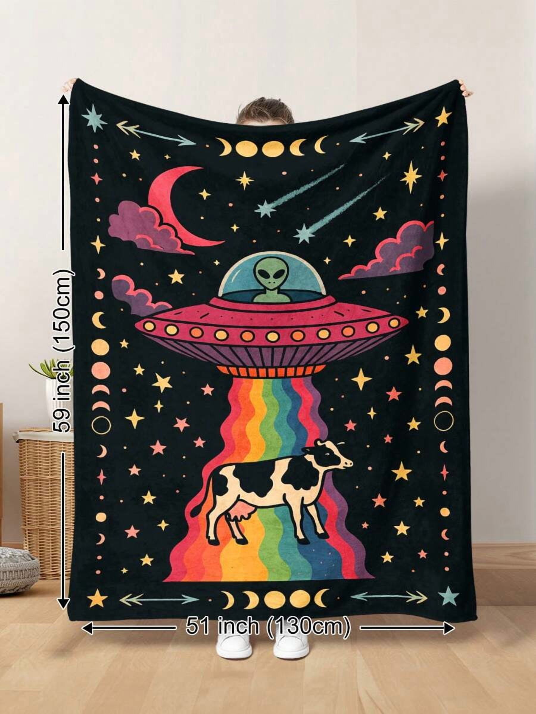 Vintage Occult Alien UFO Abducted Cow Plush Blanket, Rainbow Sun Moon ...