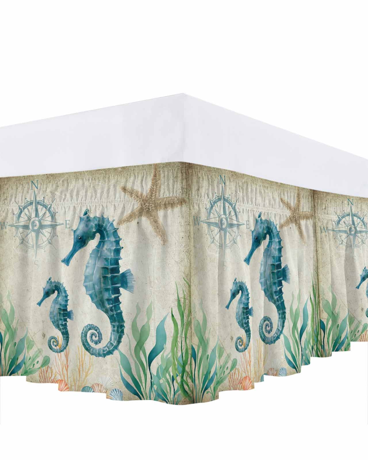 Vintage Ocean Ruffle Bed Skirt King Size Seahorse Starfish Seagrass ...