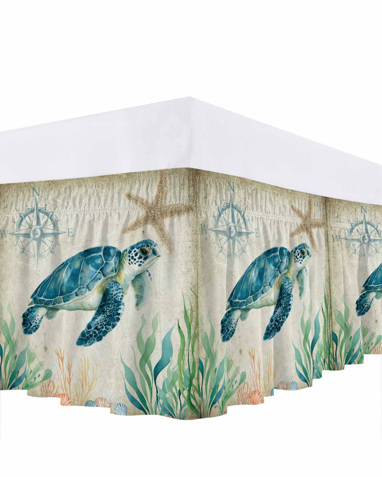 Vintage Ocean Ruffle Bed Skirt Queen Size Sea Turtle Starfish Seagrass ...