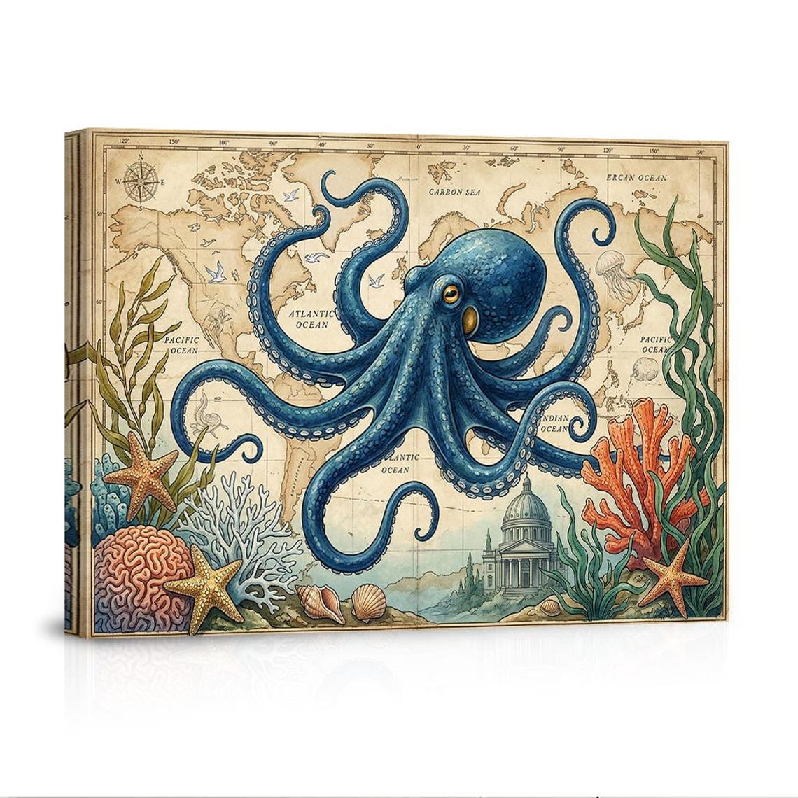 Vintage Octopus World Map Nautical Ocean Coral Reef For Living Room ...