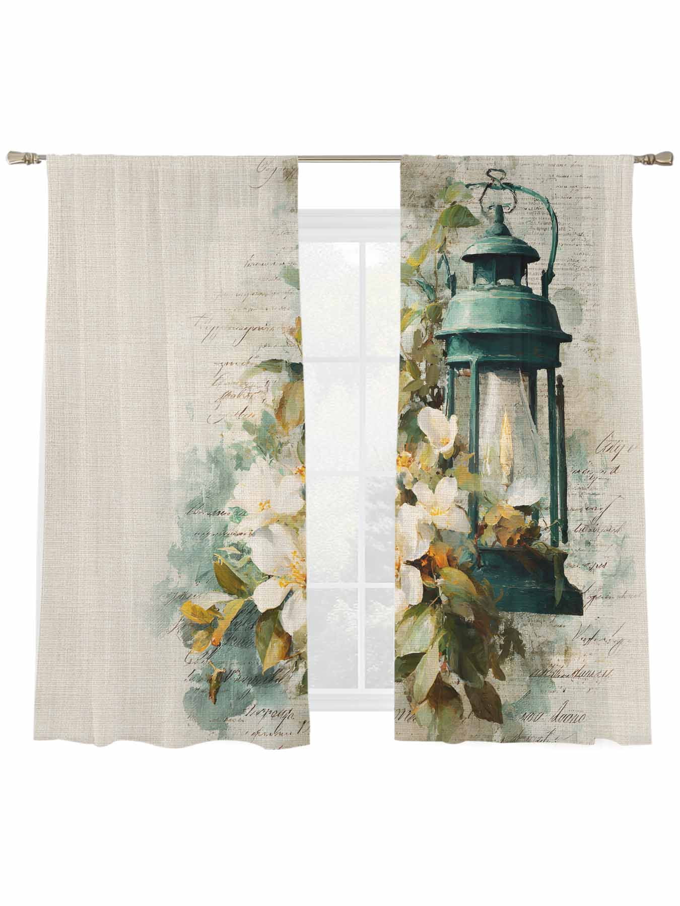 Vintage Oil Lights Sheer Curtains 2 Panels Set White Flowers Linen ...