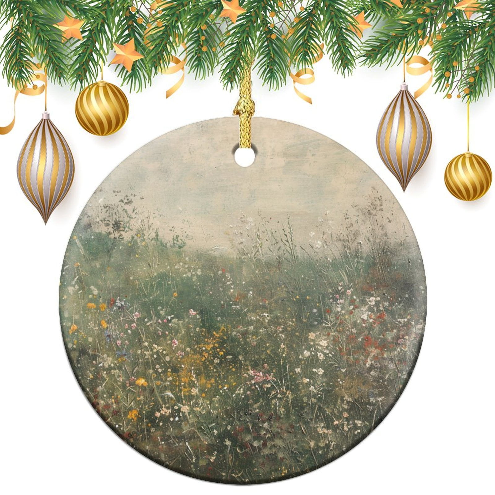 Vintage Oil Painting Of A Meadow With Wildflowers Christmas Tree ...