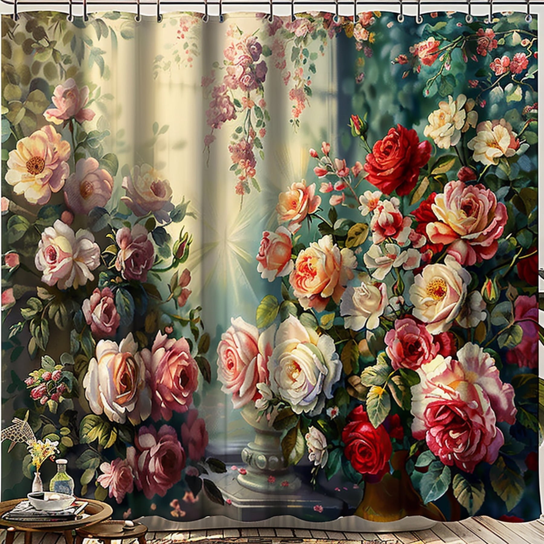 Vintage Oil Painting Style Shower Curtain with Roses and Flowers ...