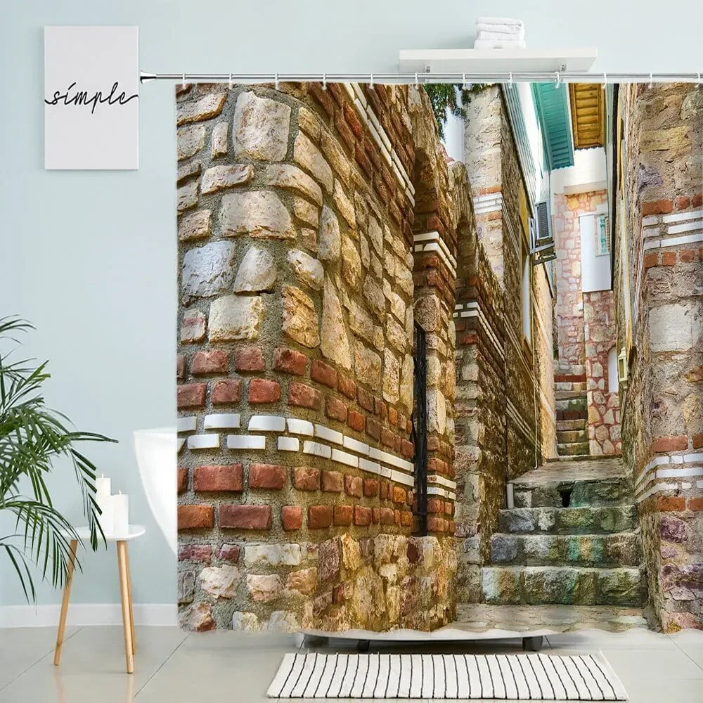 Vintage Old Brick Wall Shower Curtain Stone Pebbles Rock Europe Country ...