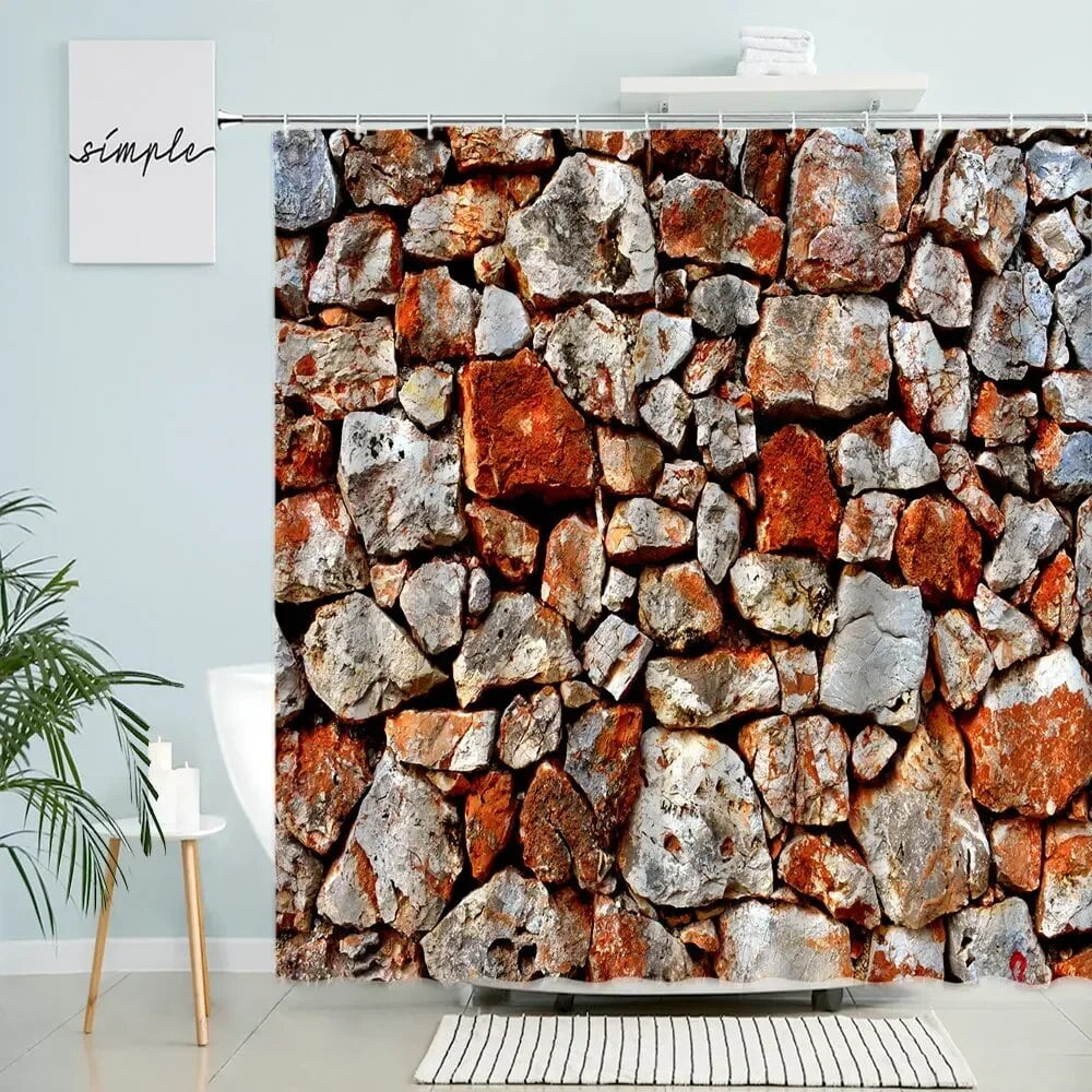 Vintage Old Brick Wall Shower Curtain Stone Pebbles Rock Europe Country ...