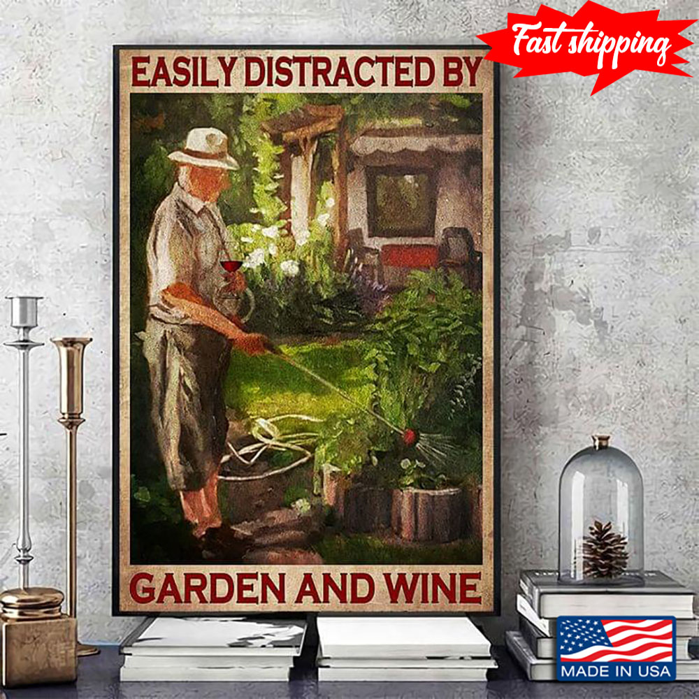 Vintage Old Gardener Painting Easily Distracted By Garden And Wine 24 x ...