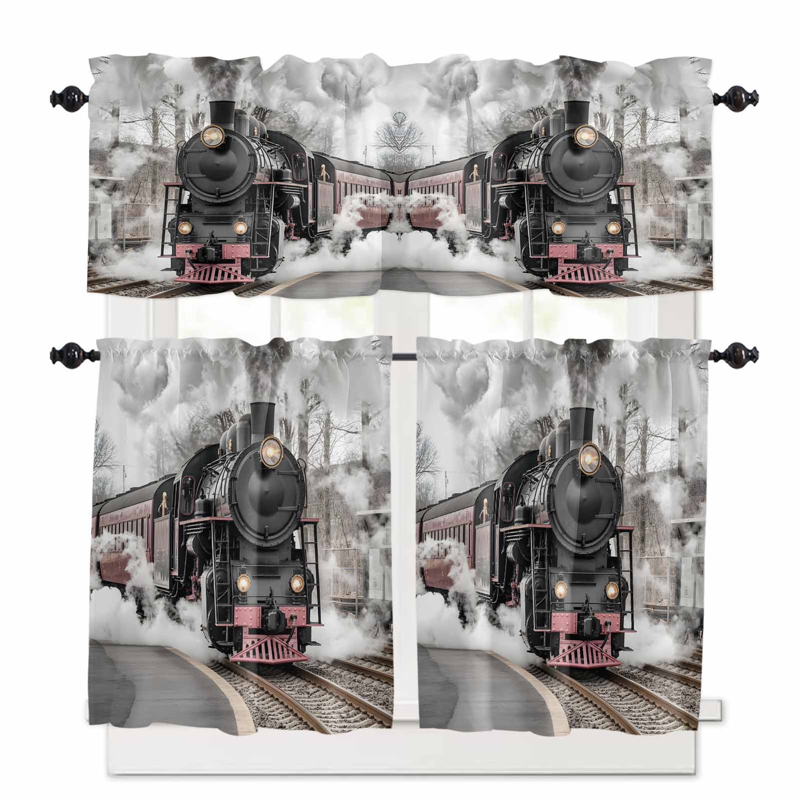 Vintage Old Train Window Curtains Valance Set of 3 Black Steam ...