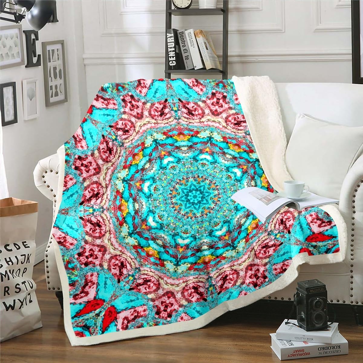 Vintage Oriental Sherpa Blanket Teal Abstract Art Blanket, Bohemian ...